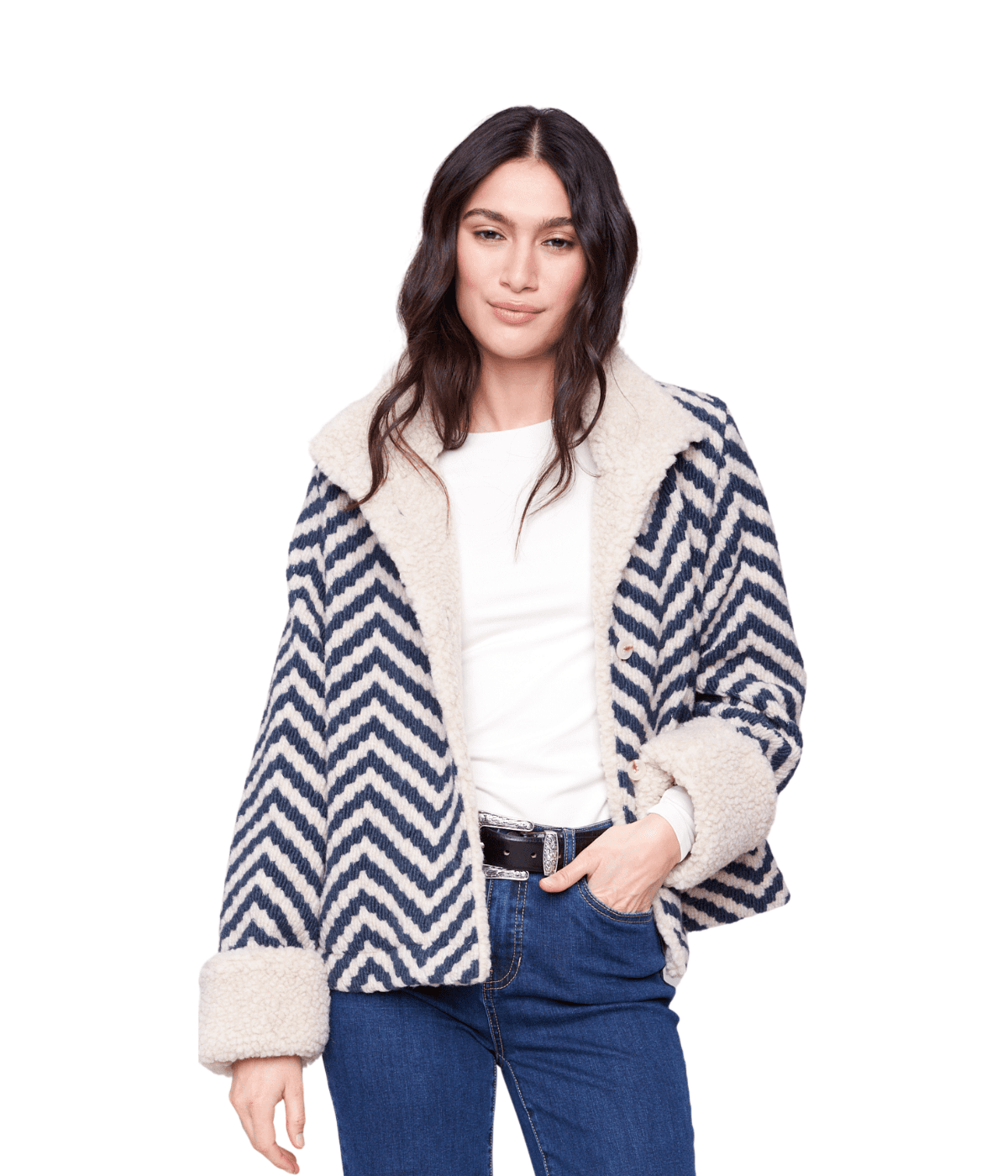 Charlie B - C6379-642C - Chevron Boucle Short Jacket W Sherpa Trim ...